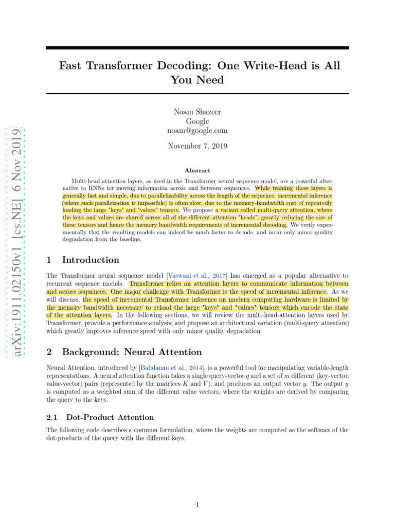Fast Transformer Decoding - One Write-Head Is All You Need | PDF ...