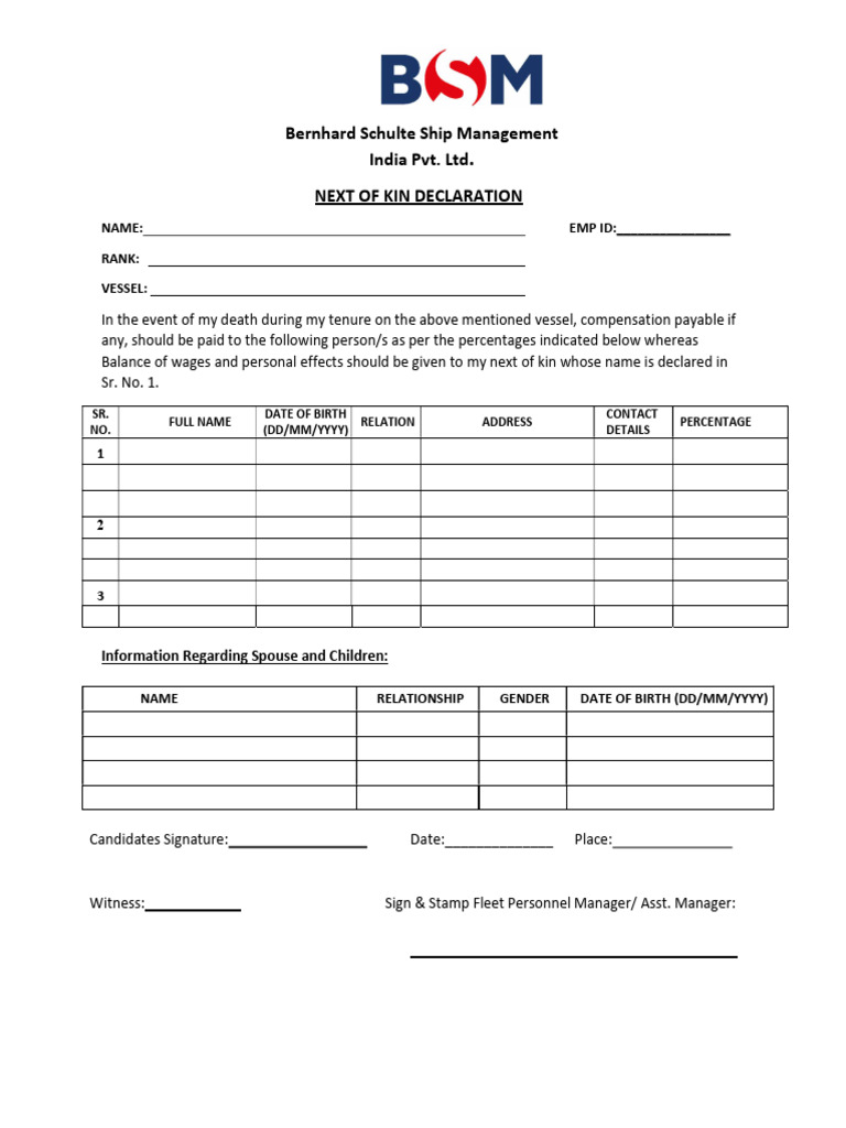 Next of Kin Declaration Form | PDF