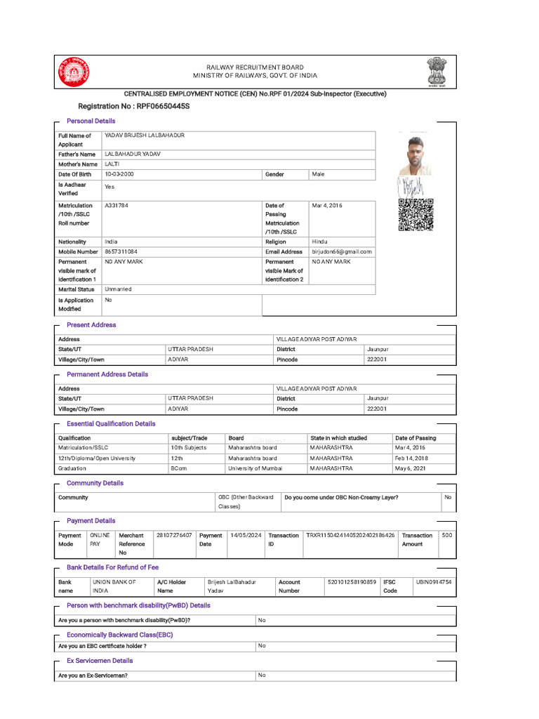 Rrbapply - Gov.in # Pscexamservice candidate-View-Application Id | PDF