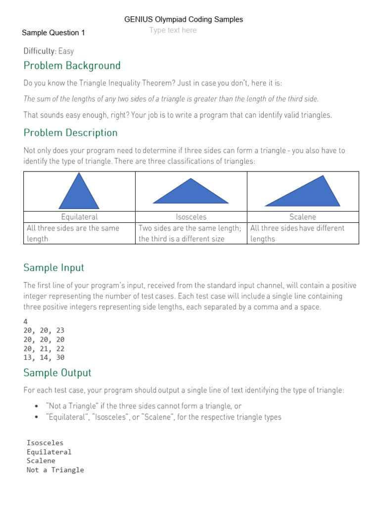 GENIUS Olympiad Coding Samples | PDF | Numbers | Chess GENIUS Olympiad Coding Samples | PDF | Numbers | Chess