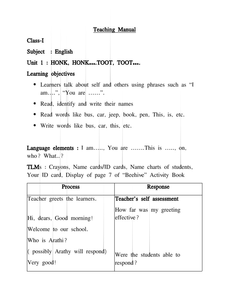 Class 1 English Teaching Manual | PDF | Human Communication | Linguistics