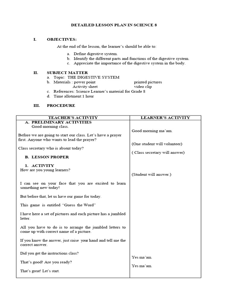 Detailed Lesson Plan The Digestive System | Download Free PDF ...