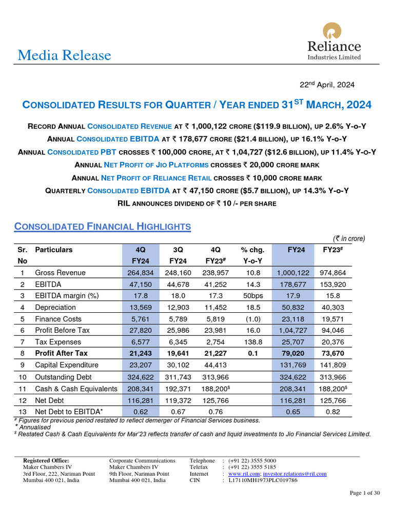 RIL's Record Annual Revenue & Profit | PDF | Expense | Brand