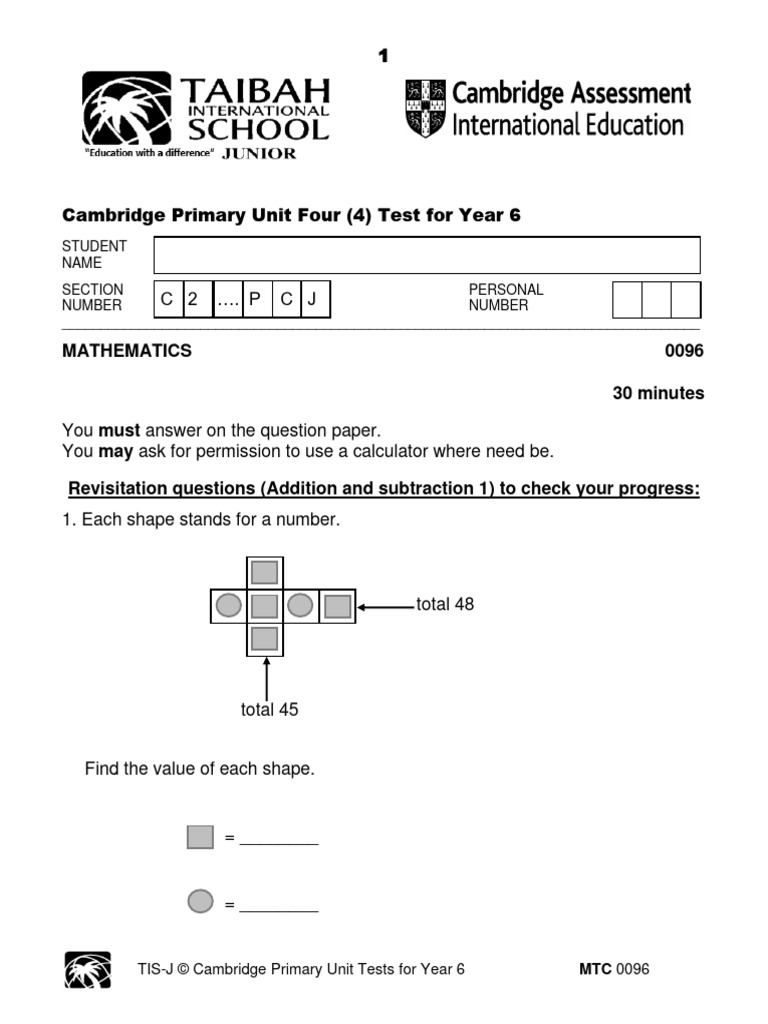 Yr 6 Unit 4 Test (Addition and Subtraction 1) | PDF | Mathematics