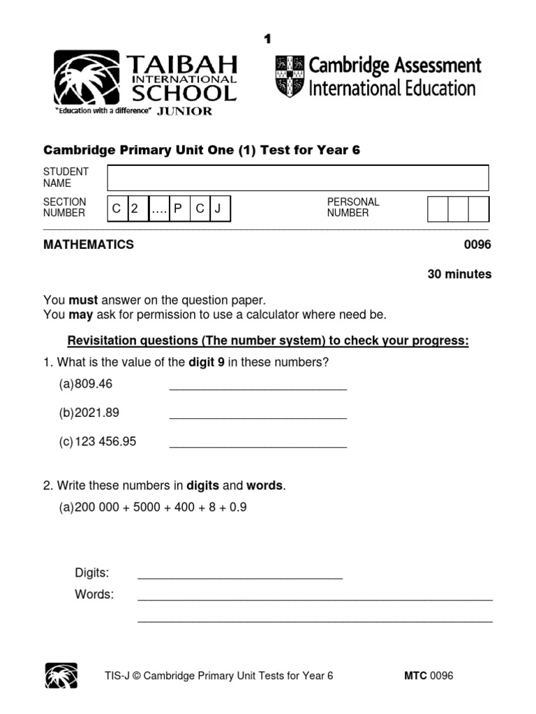 Yr 6 Unit 1 Test (The Number System) | PDF | Numbers | Significant Figures