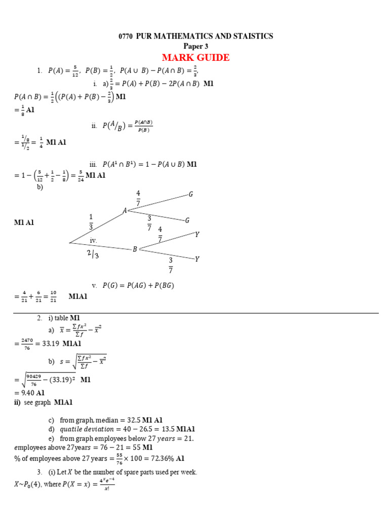 0770 Pur Mathematics and Staistics Paper 3 Mock 204 Marking Guide | PDF ...