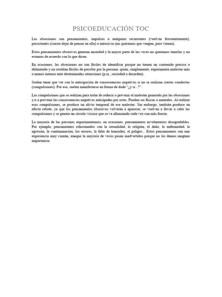 Psicoeducación TOC | PDF | Relaciones personales, crianza y desarrollo personal | Ciencia y ...