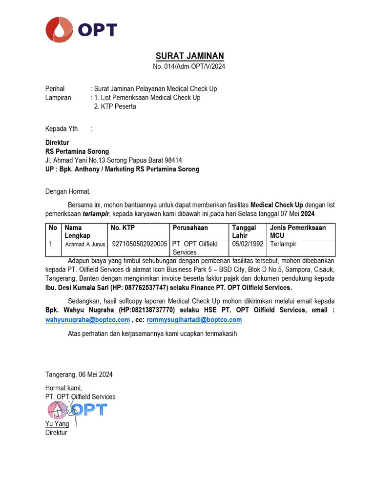 Surat Jaminan - MCU PT. OPT Oilfield Services - Achmad Arief Junus | PDF