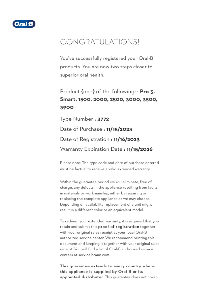 Oral-B Product Registration Confirmation | PDF | Technology & Engineering