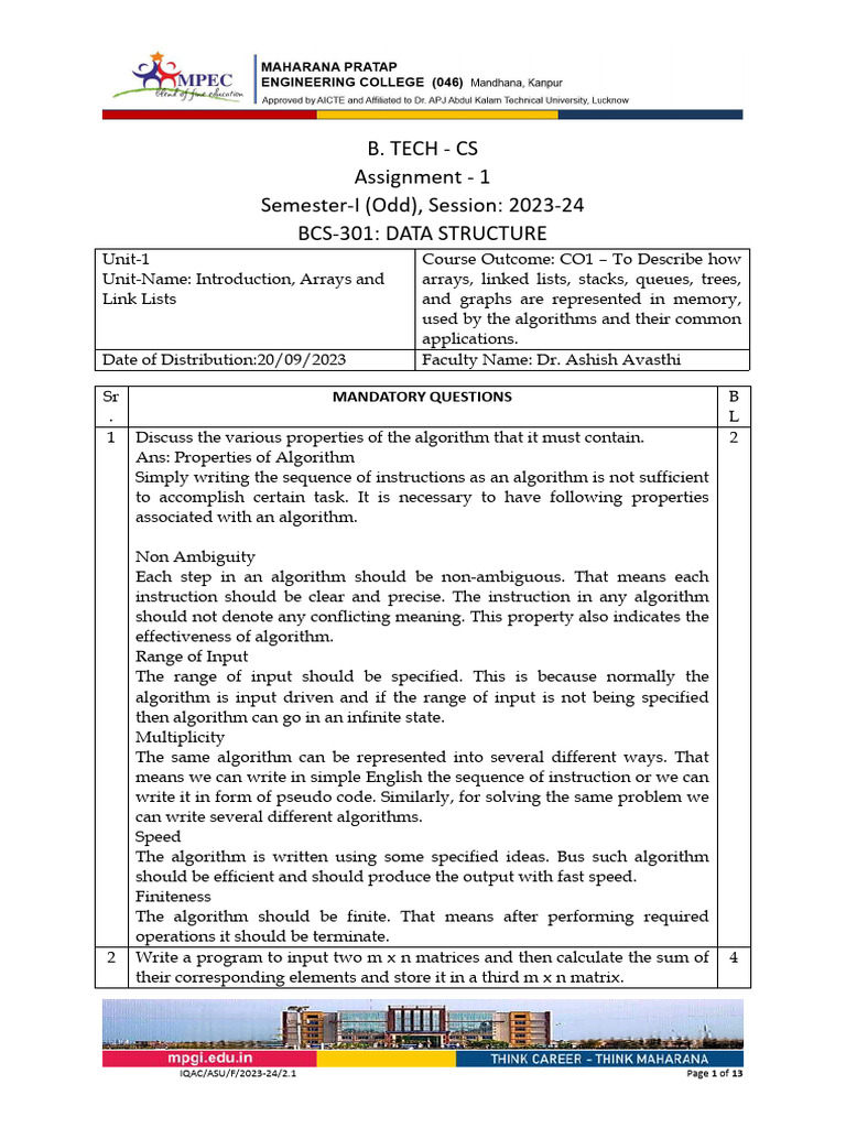 Data Structures Assignment: Arrays & Lists | PDF | Data Type | Pointer (Computer Programming)