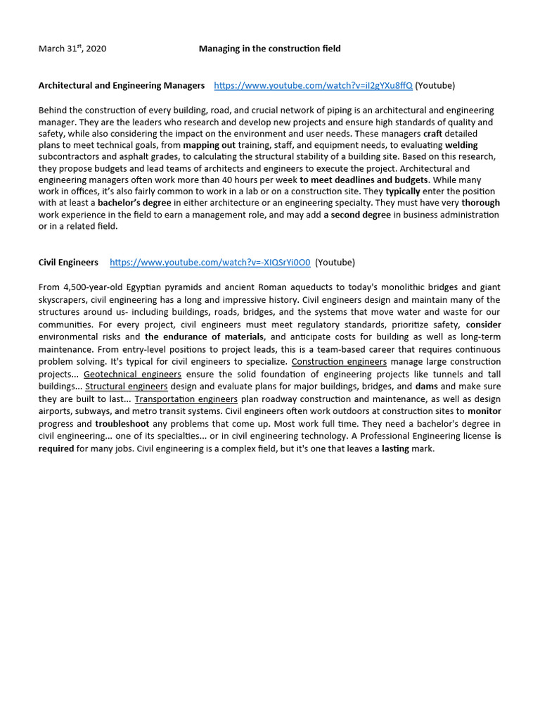 Construction Manager - Script Et Liens Videos | PDF | Civil Engineering | Engineering