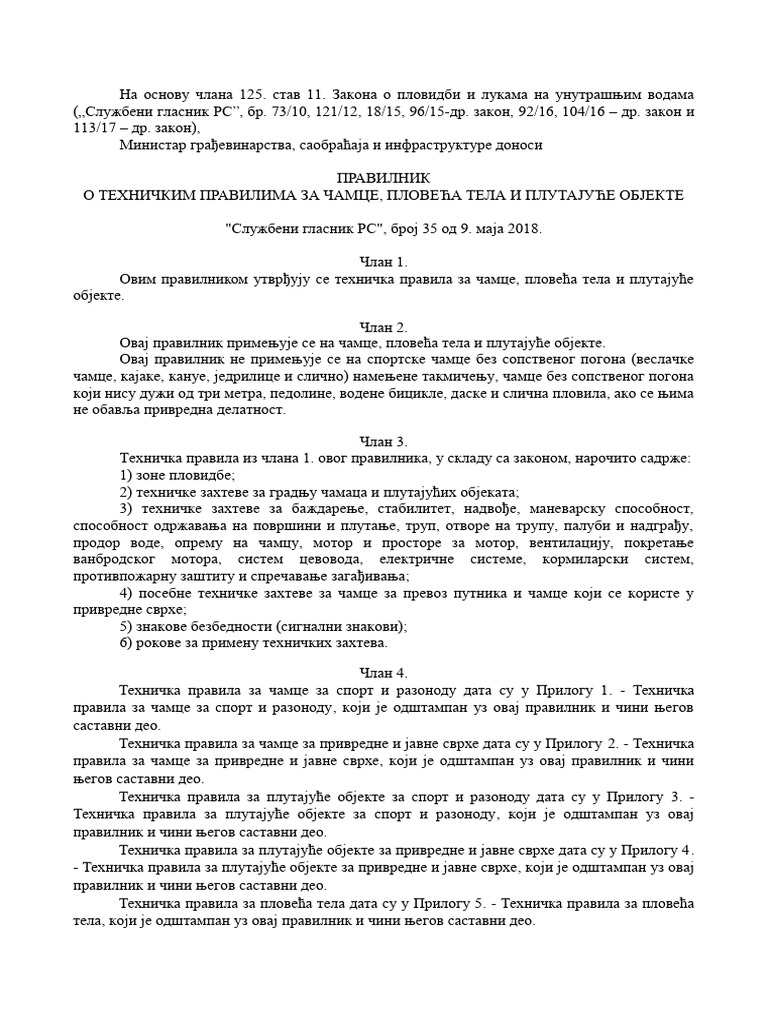 Pravilnik o Tehnickim Pravilima Za Camce, Ploveca Tela I Plutajuce ...
