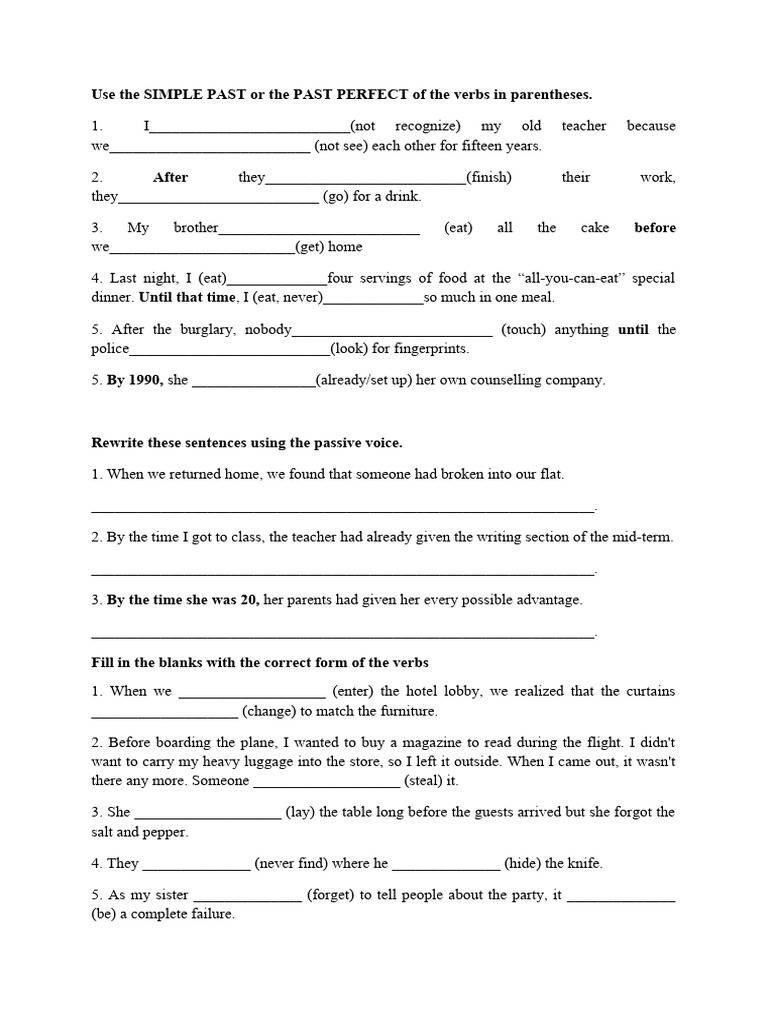 Simple Past vs Past Perfect Exercises | PDF | Perfect (Grammar ...