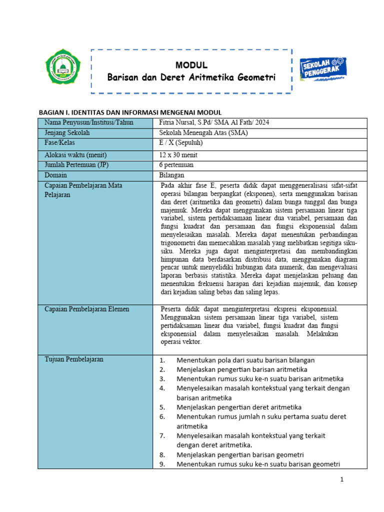 Modul Ajar MTK X - Baris Dan Deret Aritmetika Geometri | PDF