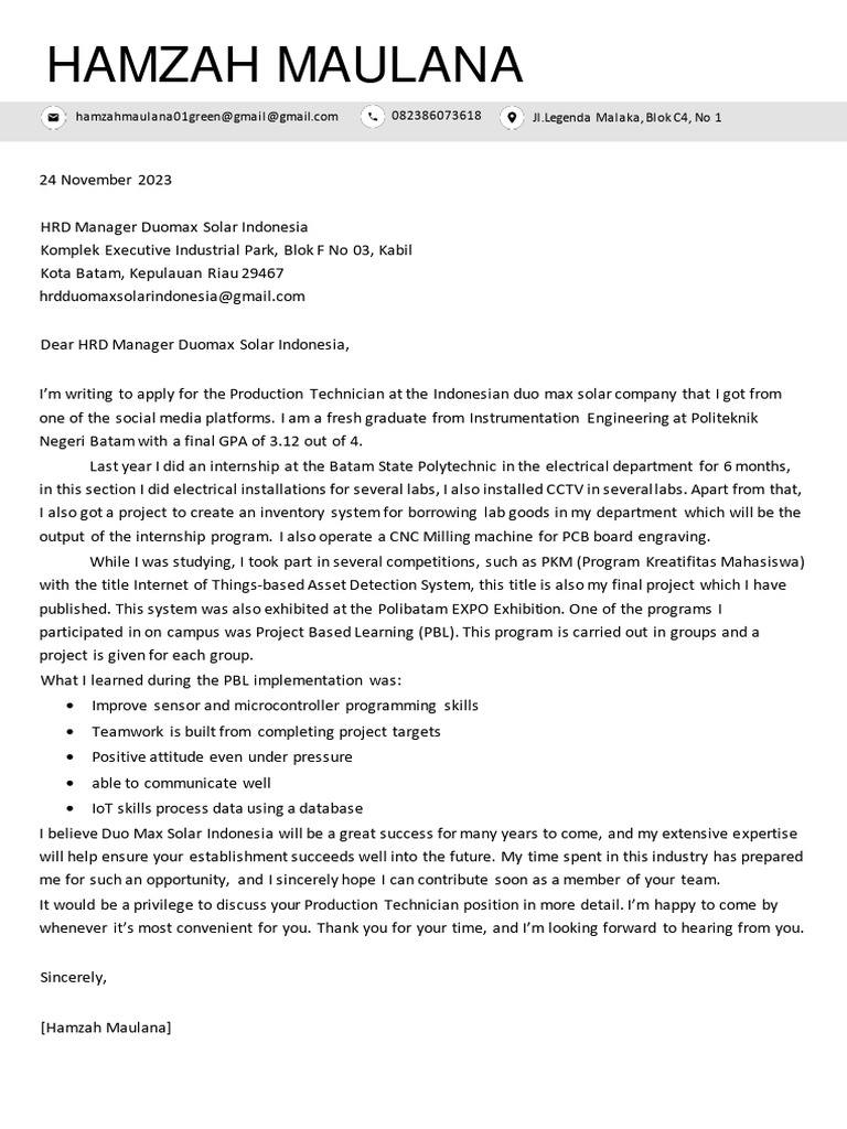 CV-Hamzah Maulana - Teknisi Produksi | PDF | Programmable Logic Controller | Instrumentation