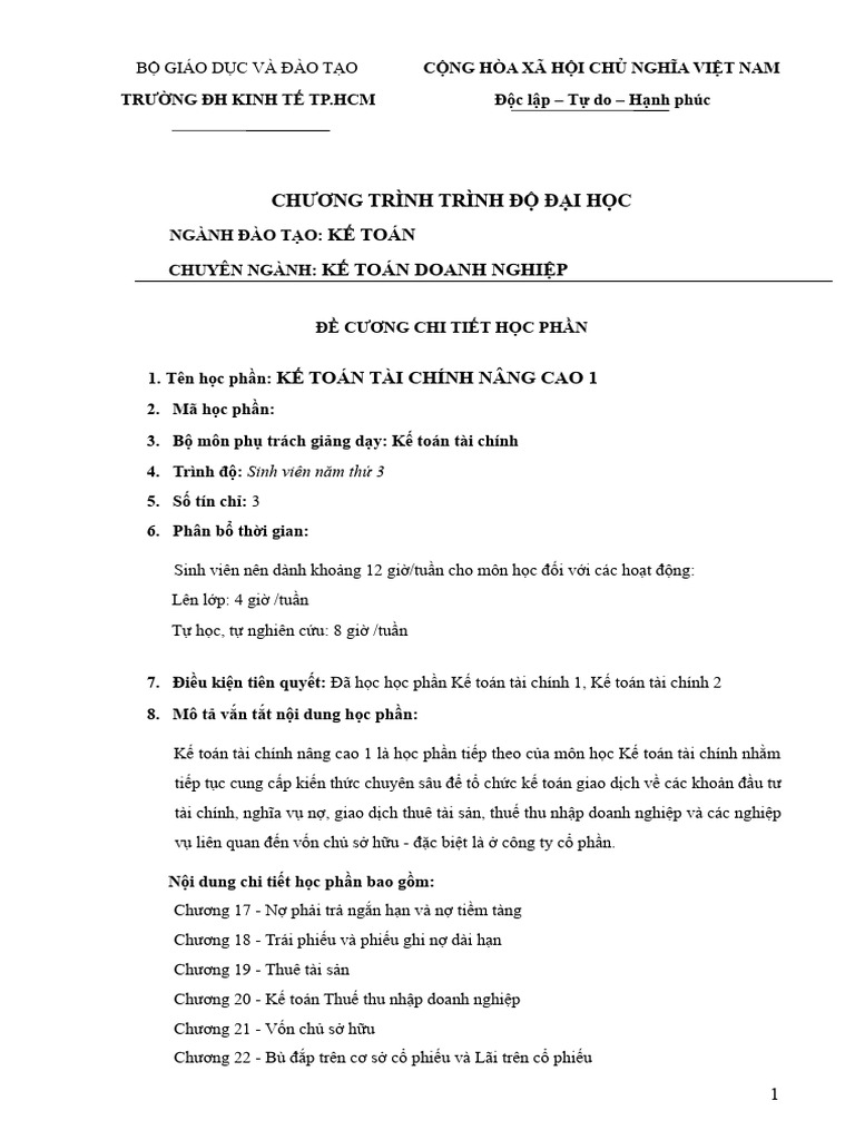 De Cuong Mon Hoc KTTC Nâng Cao 1 VN | PDF