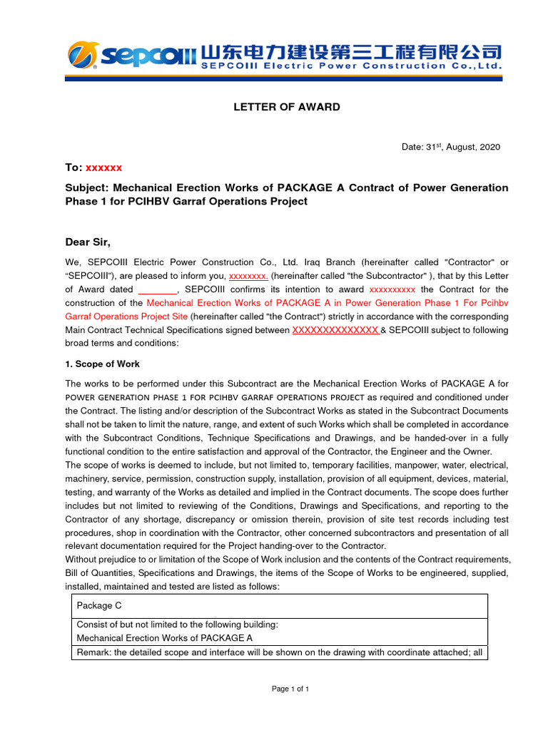 Mechanical Erection Contract Award | PDF | Subcontractor | General ...