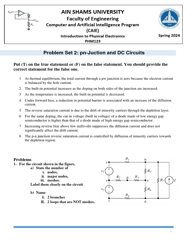 Problem Set 3 - PN Junction and DC Circuits - 2024 | PDF | P–N Junction | Solid State Engineering
