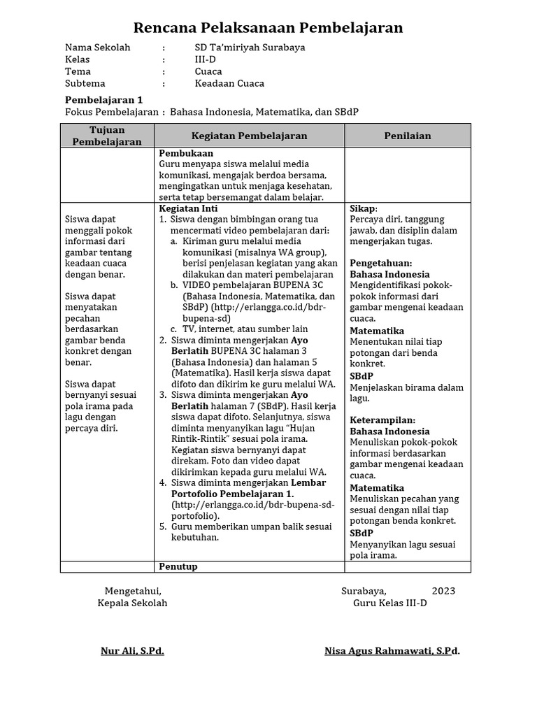 RPP BUPENA Kelas 3 Tema 5 Sub 1 | PDF