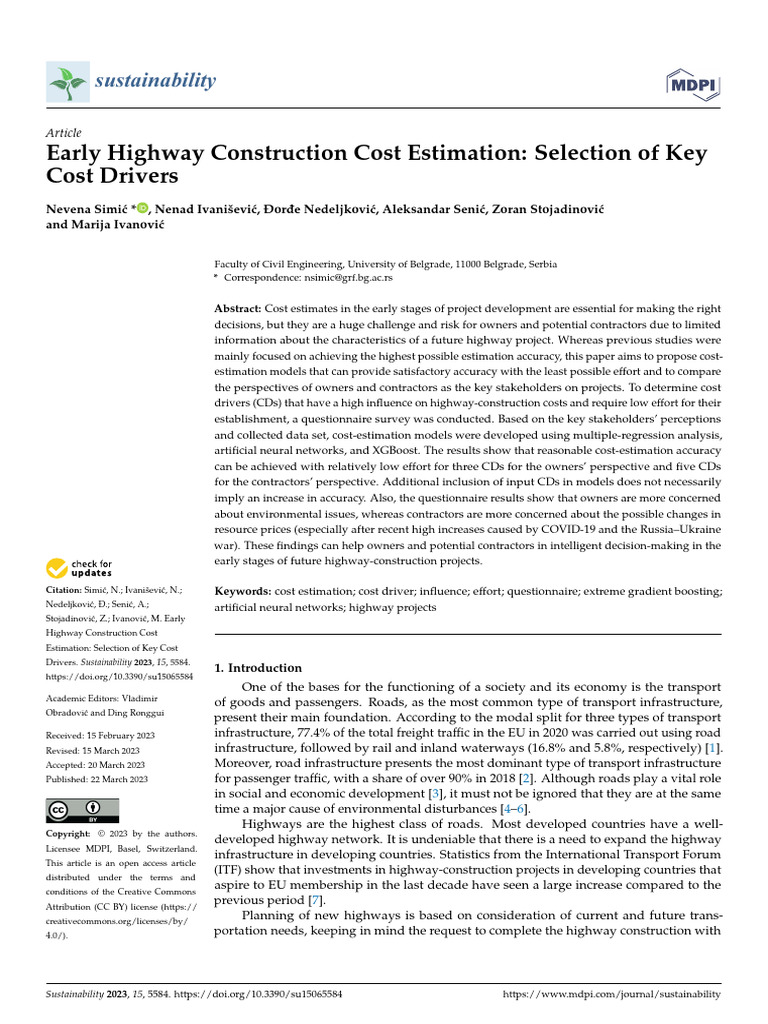 Conceptual Cost Of Road Project Estimation Selection Of Key Cost Drivers Pdf Artificial