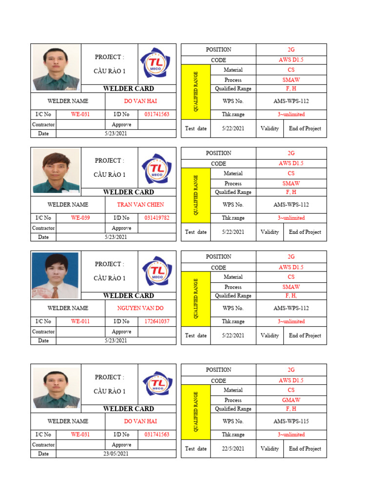 Welder Card-cầu Rào - Aws d1.5 | PDF | Welding | Construction