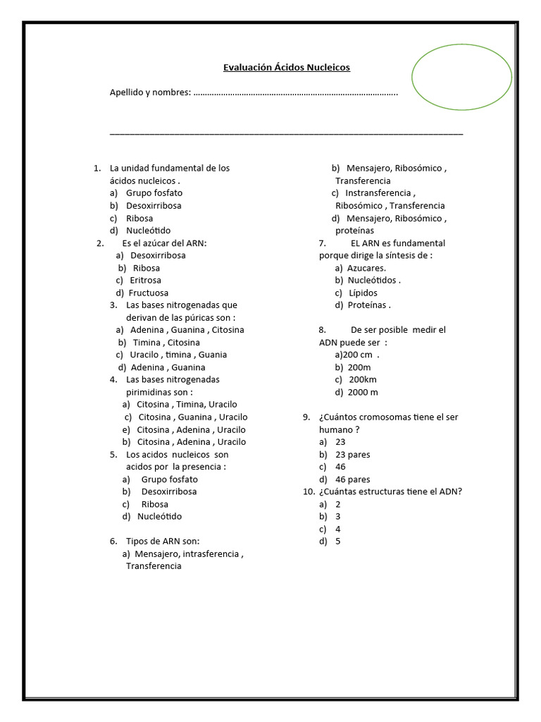Evaluación Acidos Nucleicos | PDF | Nucleótidos | Ácidos nucleicos