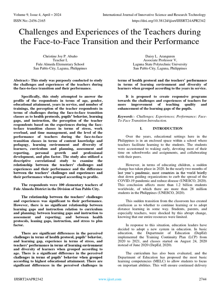 Challenges and Experiences of The Teachers During The Face-to-Face ...