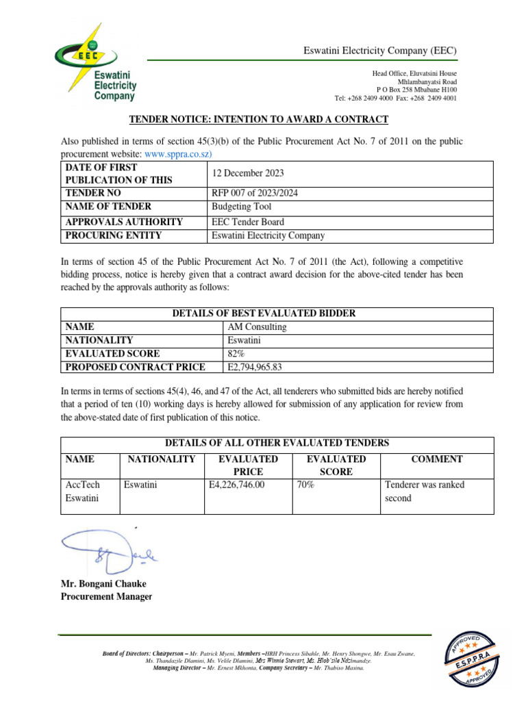 EEC Tender Award Notice for Budgeting Tool | PDF | Business | Procurement