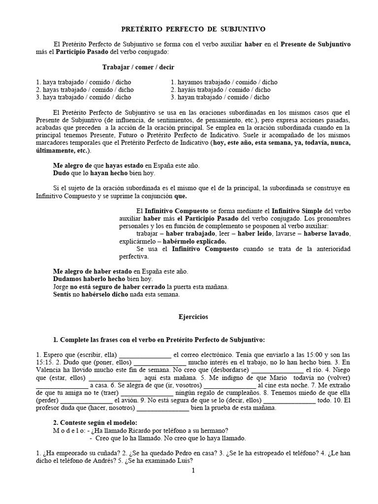 2 Lengua Repaso - Preterito Perfecto - Oraciones Complemento | PDF ...