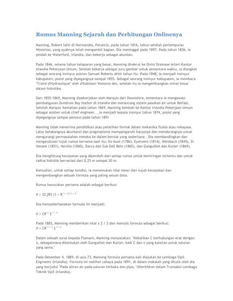 Rumus Manning Sejarah Dan Perhitungan Onlinenya | PDF