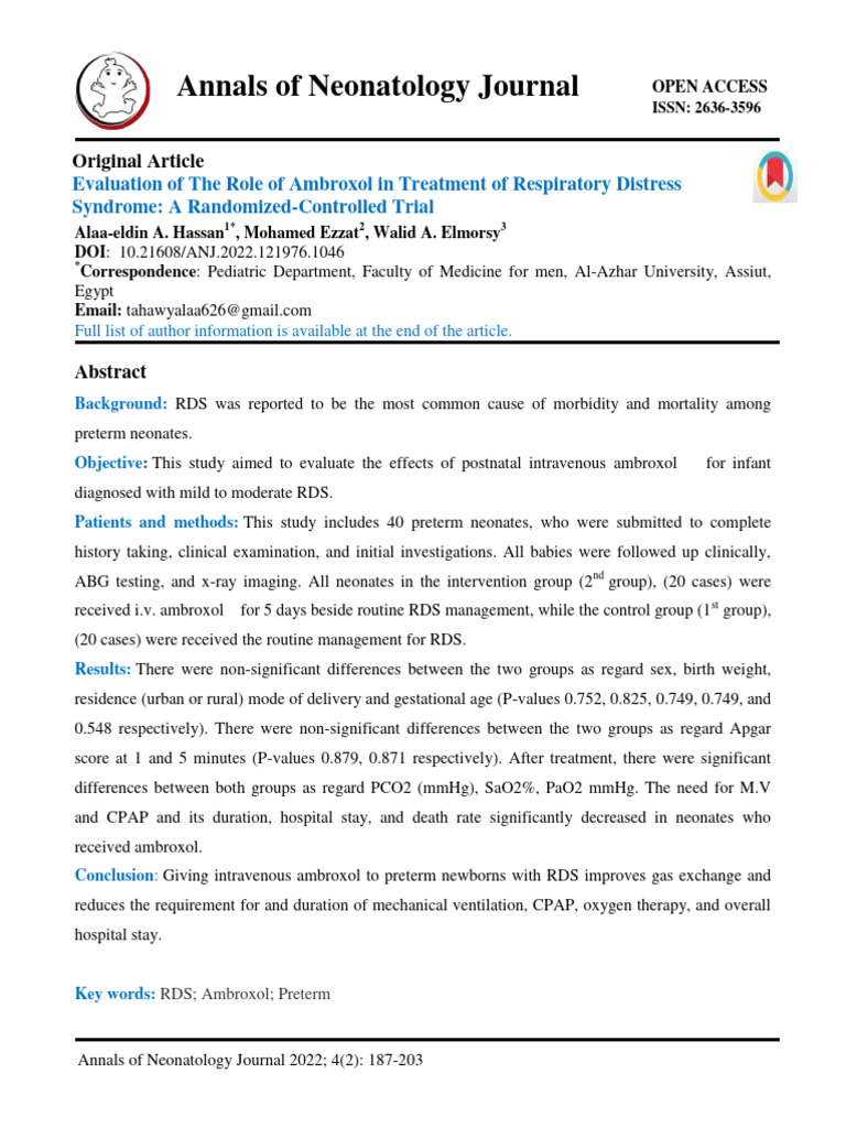 Ambroxol For Treatment of Neonatal RDS (In Egypt) | PDF | Respiratory ...