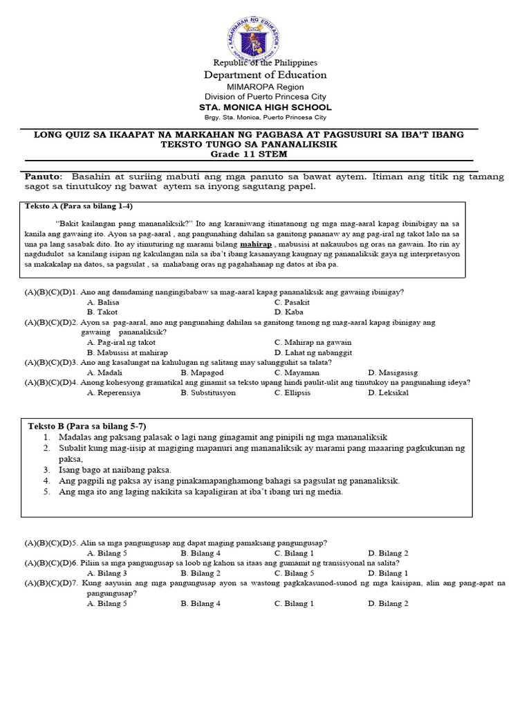 Long Quiz Fourth Quarter Pagbasa at Pagsusuri Villon | PDF