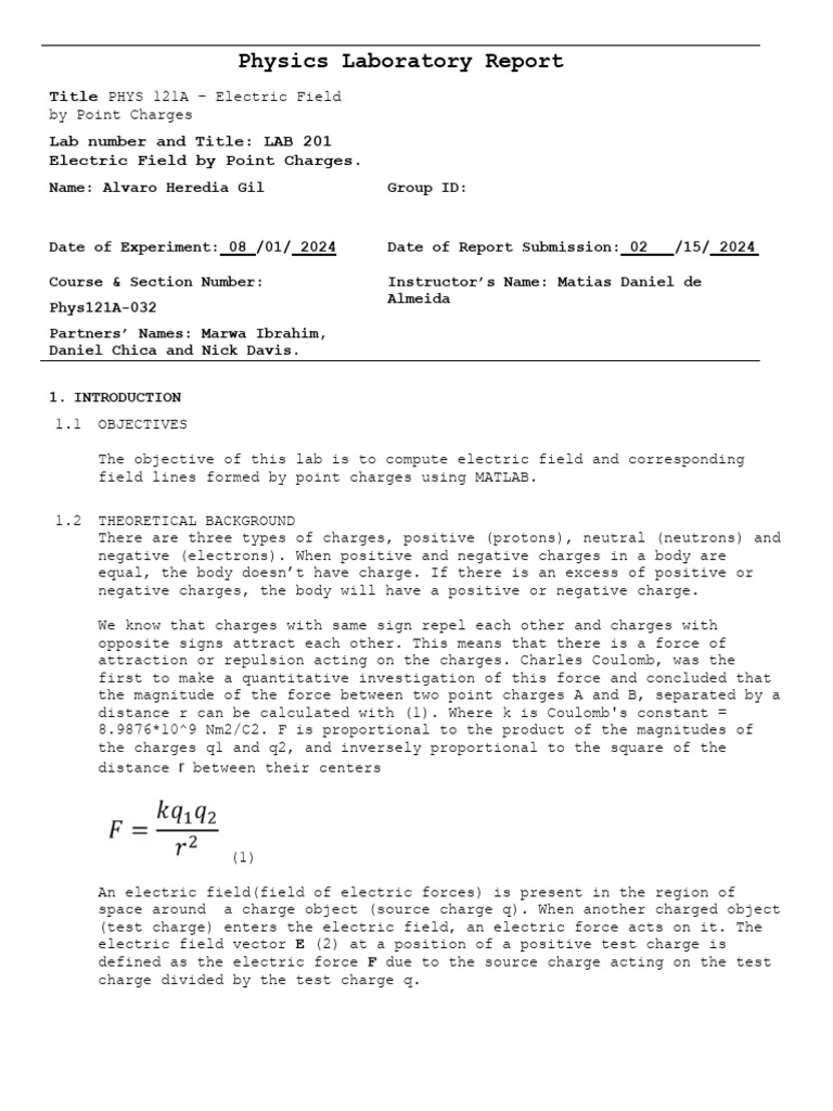 Electric Field Lab Report Using MATLAB | PDF | Electric Field ...