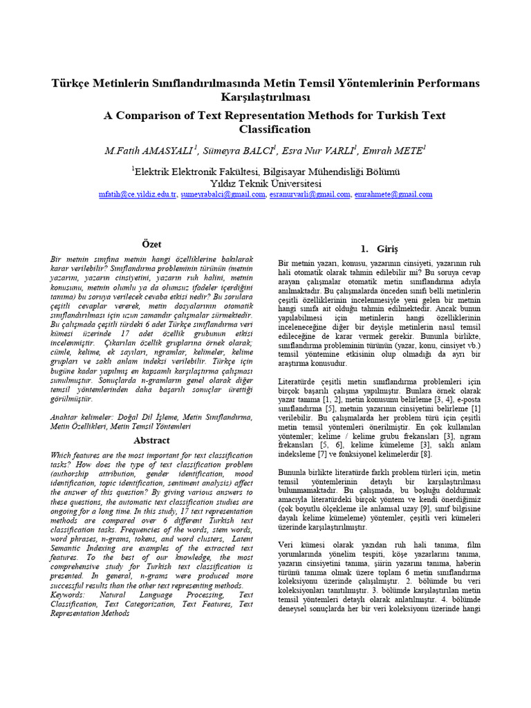 Turkce Metinlerin Siniflandirimasinda Metin Temsil Yontemlerinin ...