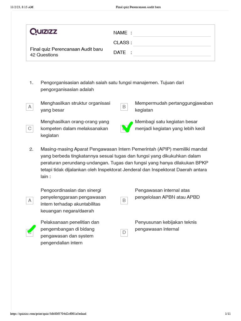 PPAI Final Quiz Perencanaan Audit Baru Jawaban | PDF | Pengelolaan Keuangan & Uang