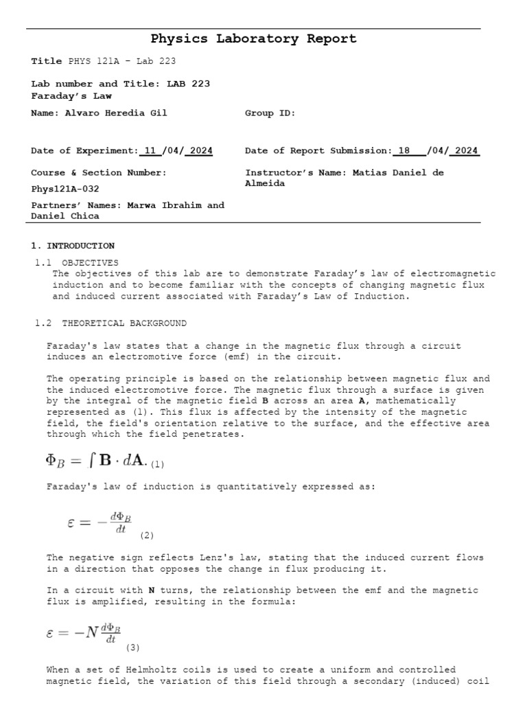 Faraday's Law Lab Report PHYS 121A | PDF | Electromagnetic Induction ...