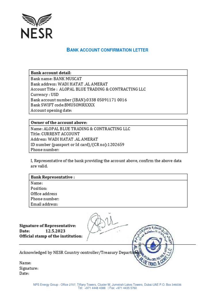 NESR Supplier Bank Account Confirmation Letter - 1 | PDF | Finance ...