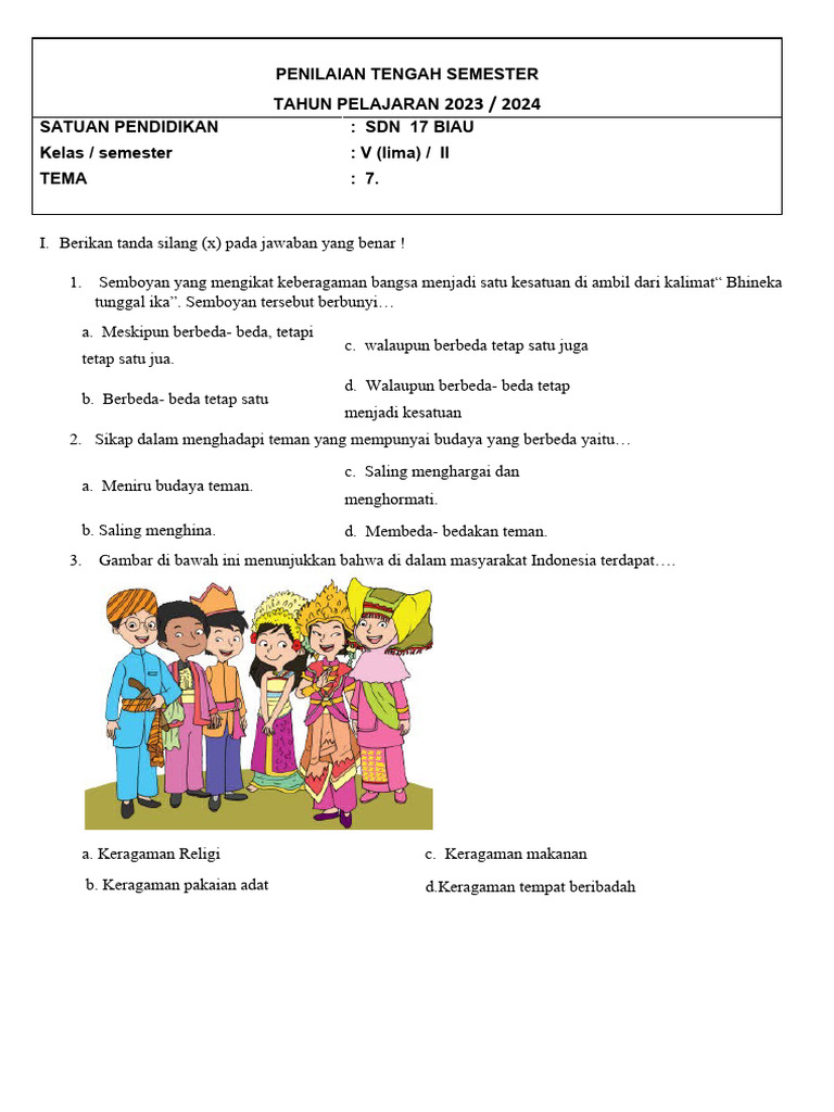 SOAL PTS TEMA 7 SUB 2 DAN 3 Kelas 5 SMT 2 | PDF | Kajian Bahasa Asing