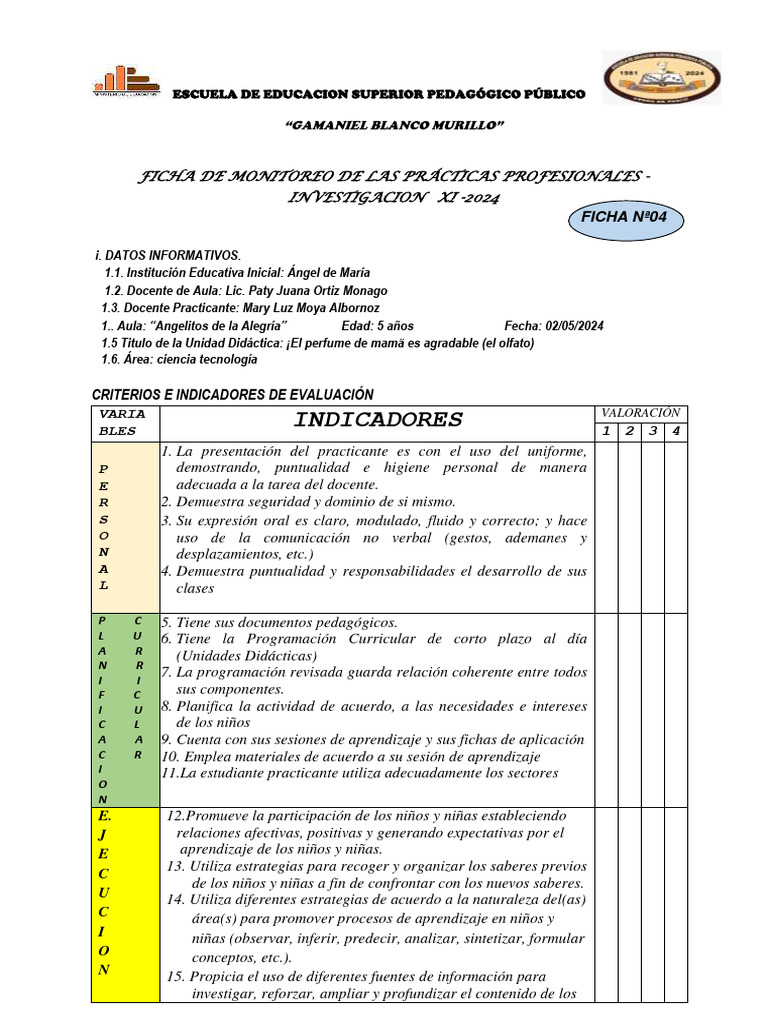 Ficha de Obserbacion Practic | PDF | Evaluación | Cognición