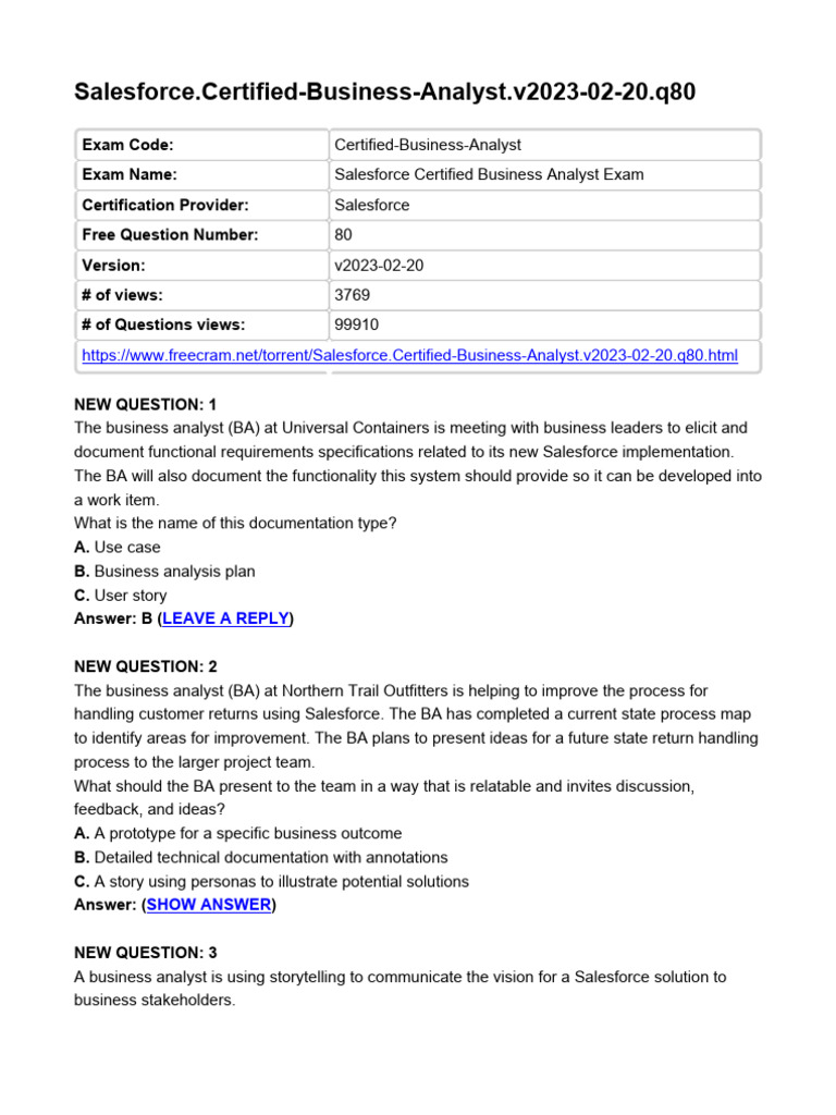Salesforce - Certified Business Analyst.v2023 02 20.q80 | PDF | Business Analysis | Cloud Computing