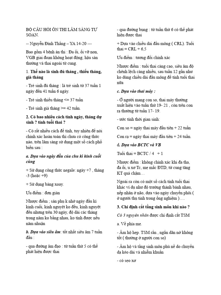 Bộ Câu Hỏi Thi LS Sản Tự Soạn Thắng | PDF