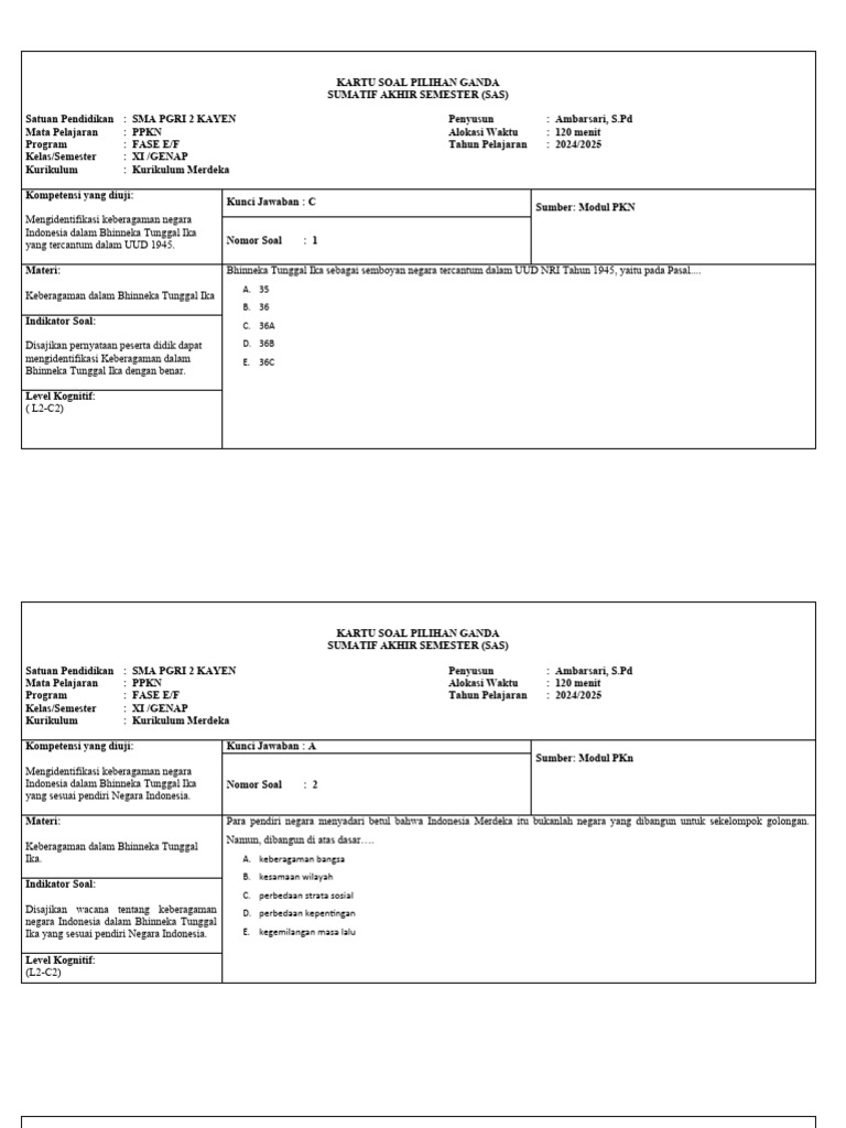 Kartu Soal PG (Kumer) 2024 Genap | PDF