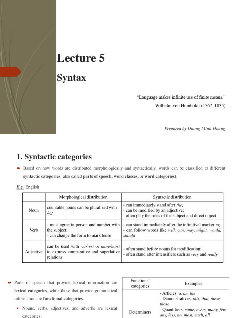 Lecture 5 - Syntax | PDF | Part Of Speech | Phrase