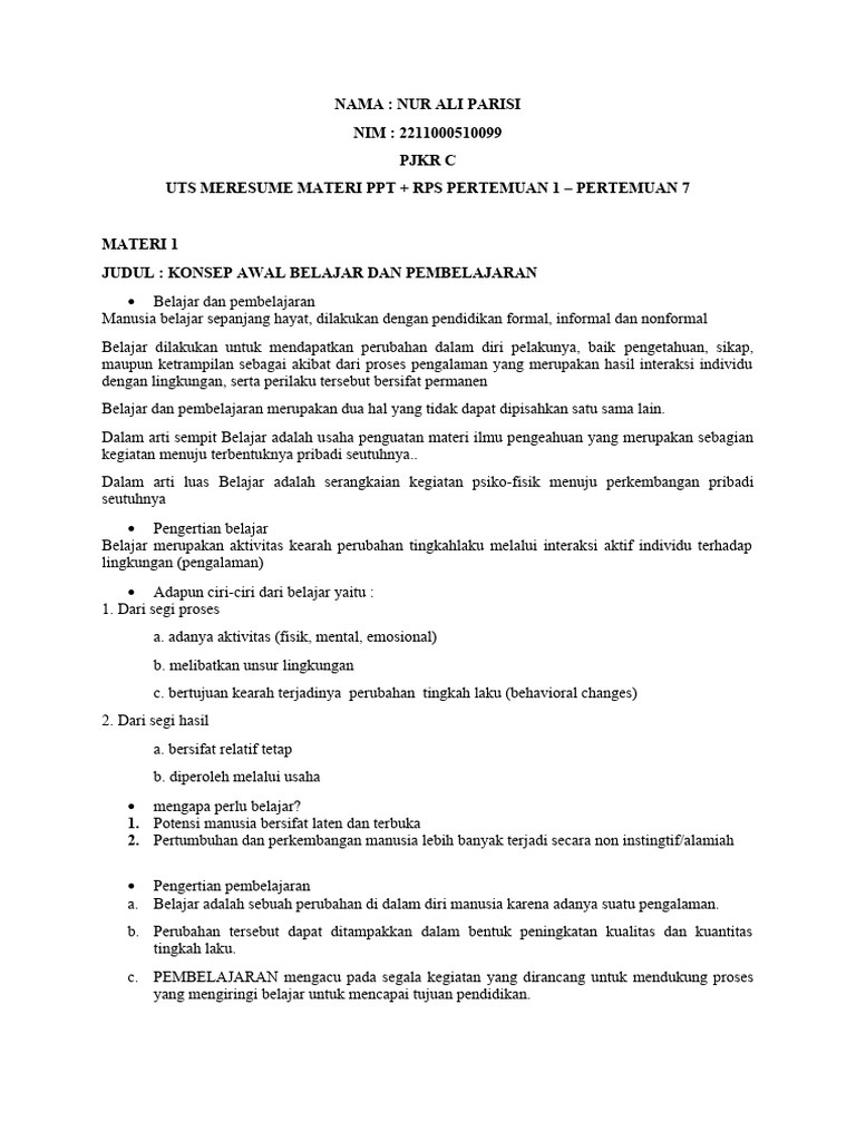 Uts Belajar Dan Pembelajaran Nur Ali Parisi 2211000510099 | PDF