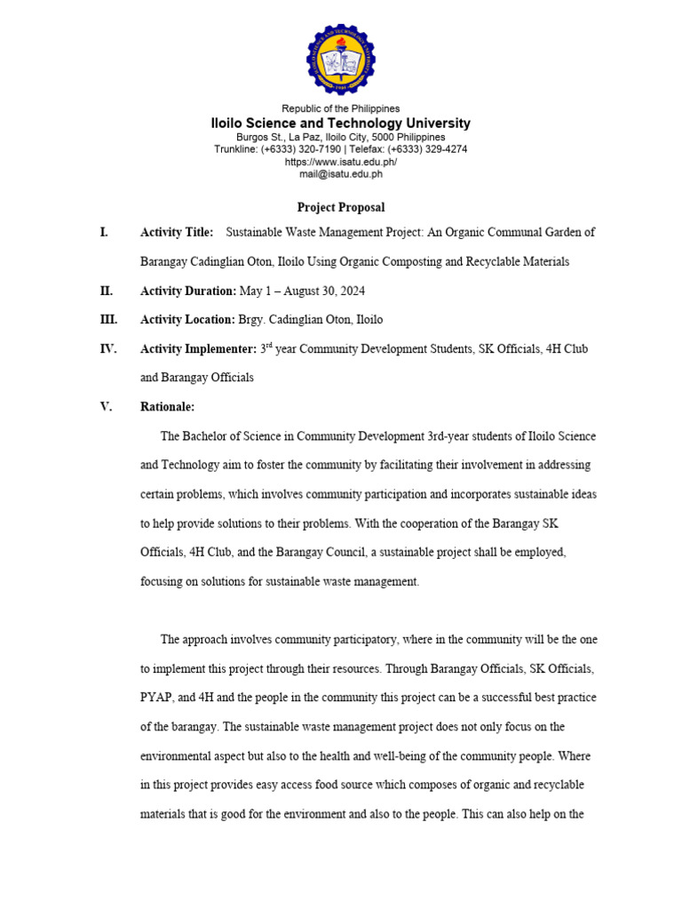 Project Proposal For Barangay Cadinglian 12 | PDF | Waste Management ...