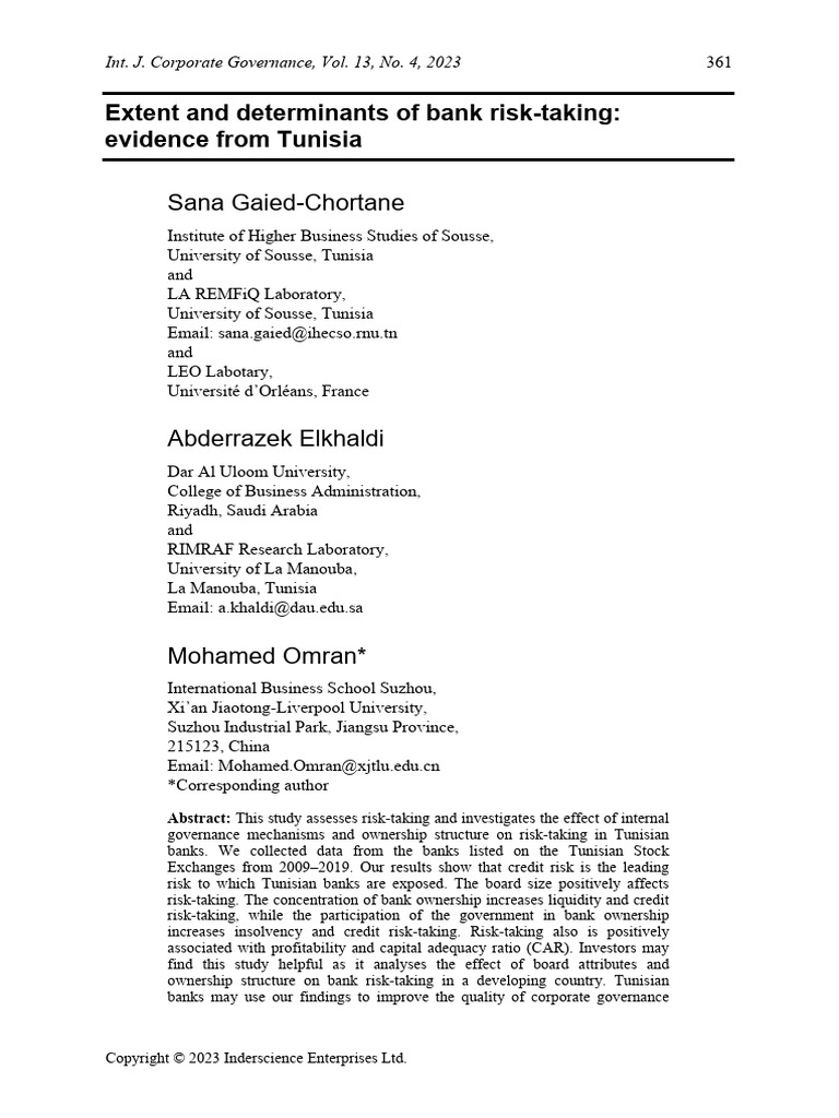 Extent and determinants of bank risk-taking: evidence from Tunisia ...