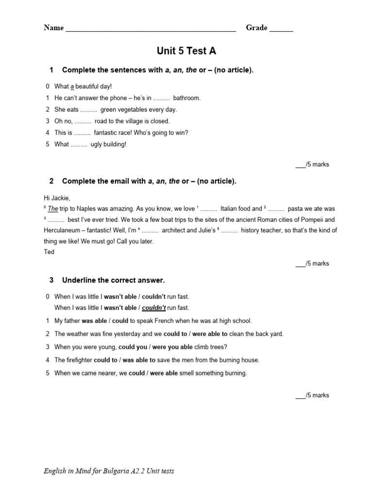 English in Mind A2-2 Unit 5 Test A | PDF