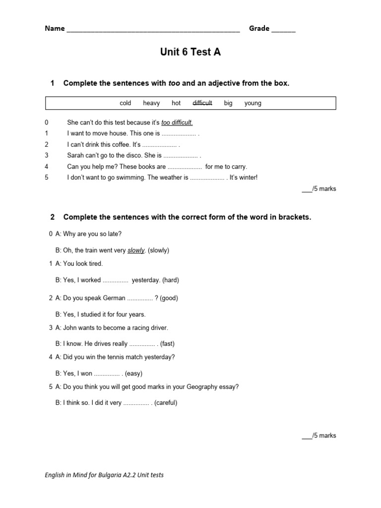 English in Mind A2-2 Unit 6 Test A | PDF