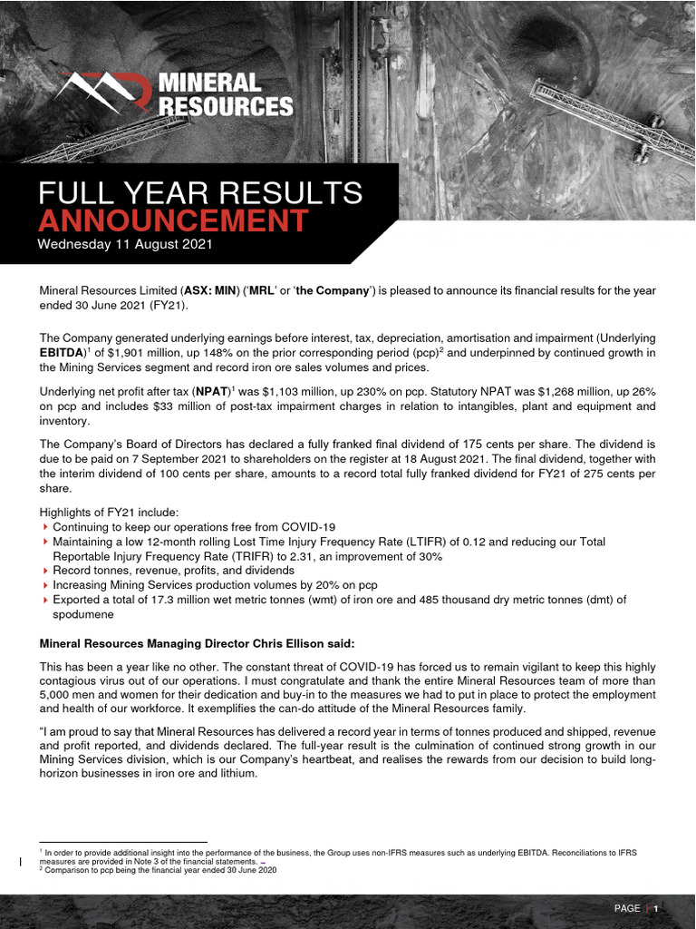 Mineraal Resourses Fy21 | PDF | Dividend | Economies