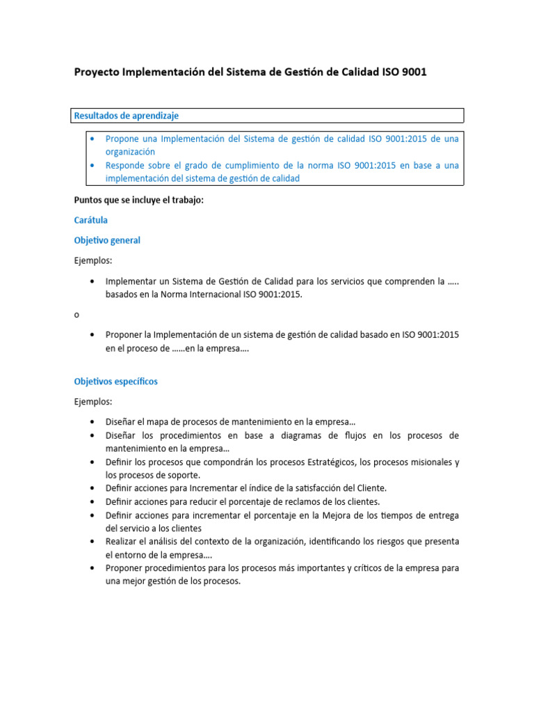 Proyecto Implementación Del Sistema de Gestión de Calidad ISO 9001 | PDF | Sistema de manejo de ...